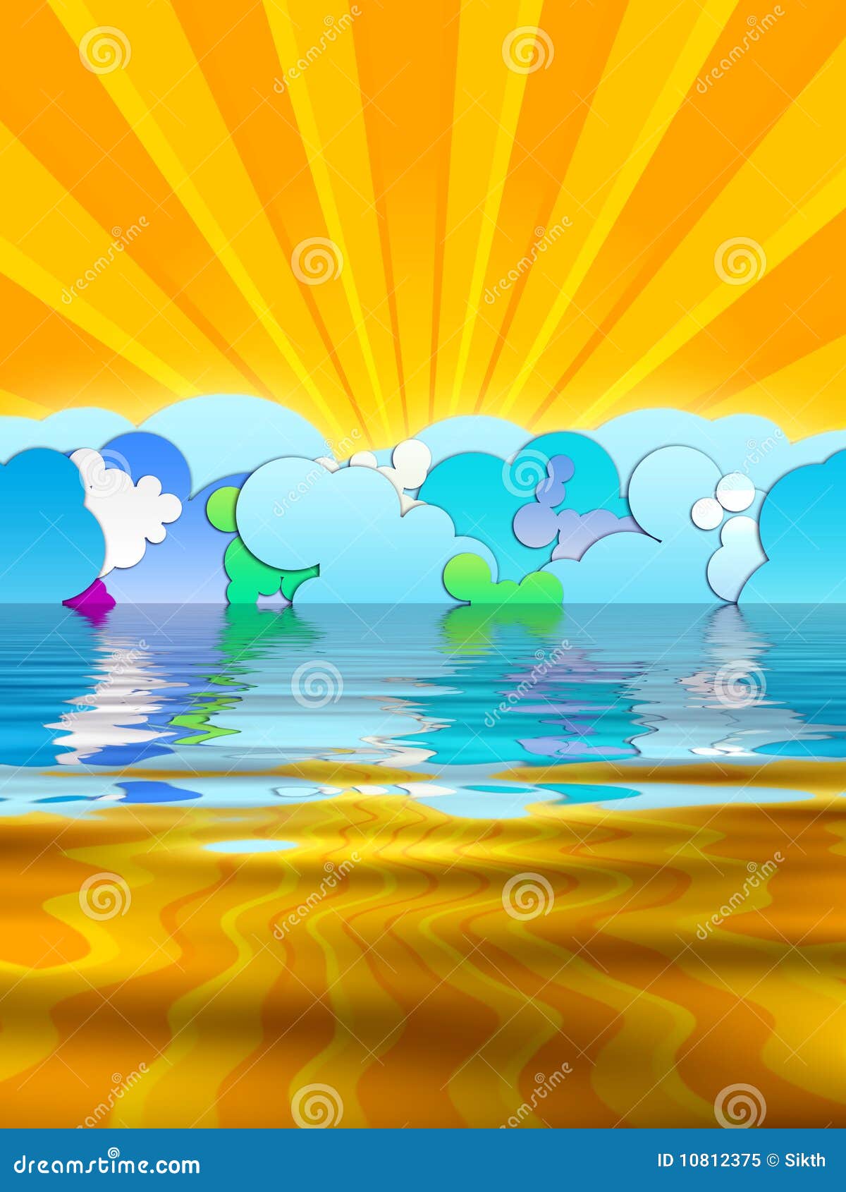 Sun Rays and Cartoon Clouds Stock Illustration - Illustration of ...