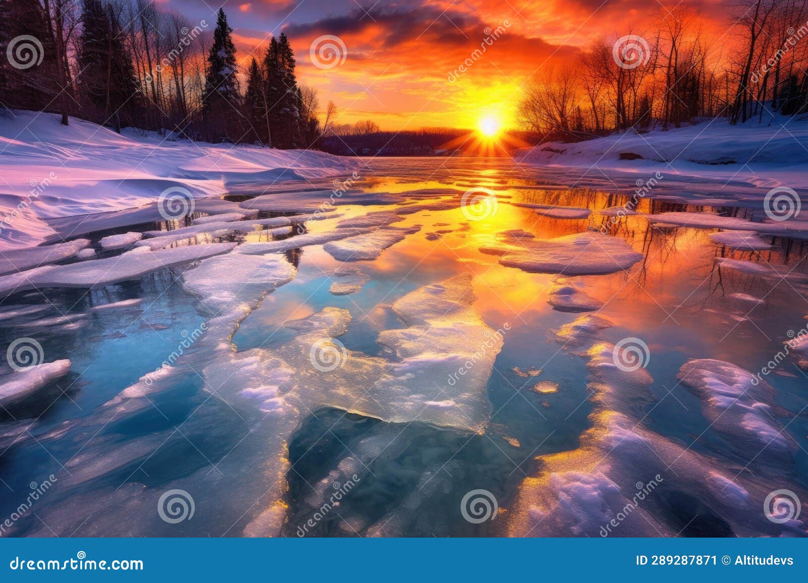 Sun Rays Casting a Colorful Glow on Melting Ice Stock Illustration ...
