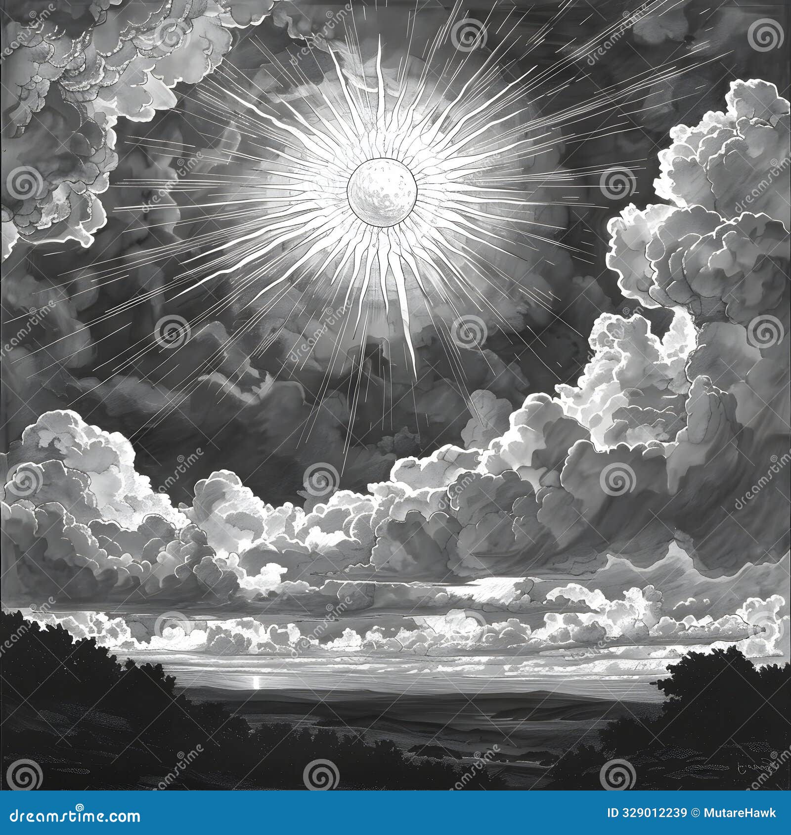 Sun Rays through Clouds stock illustration. Illustration of atmospheric ...