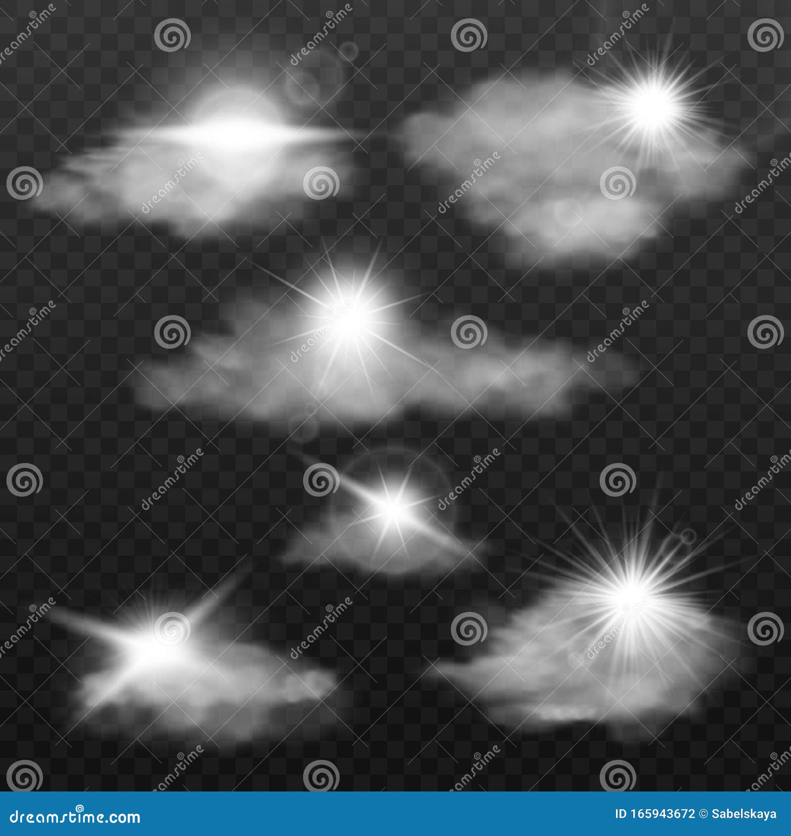 Sun Rays through Clouds Effect Set of Realistic Vector Illustrations ...