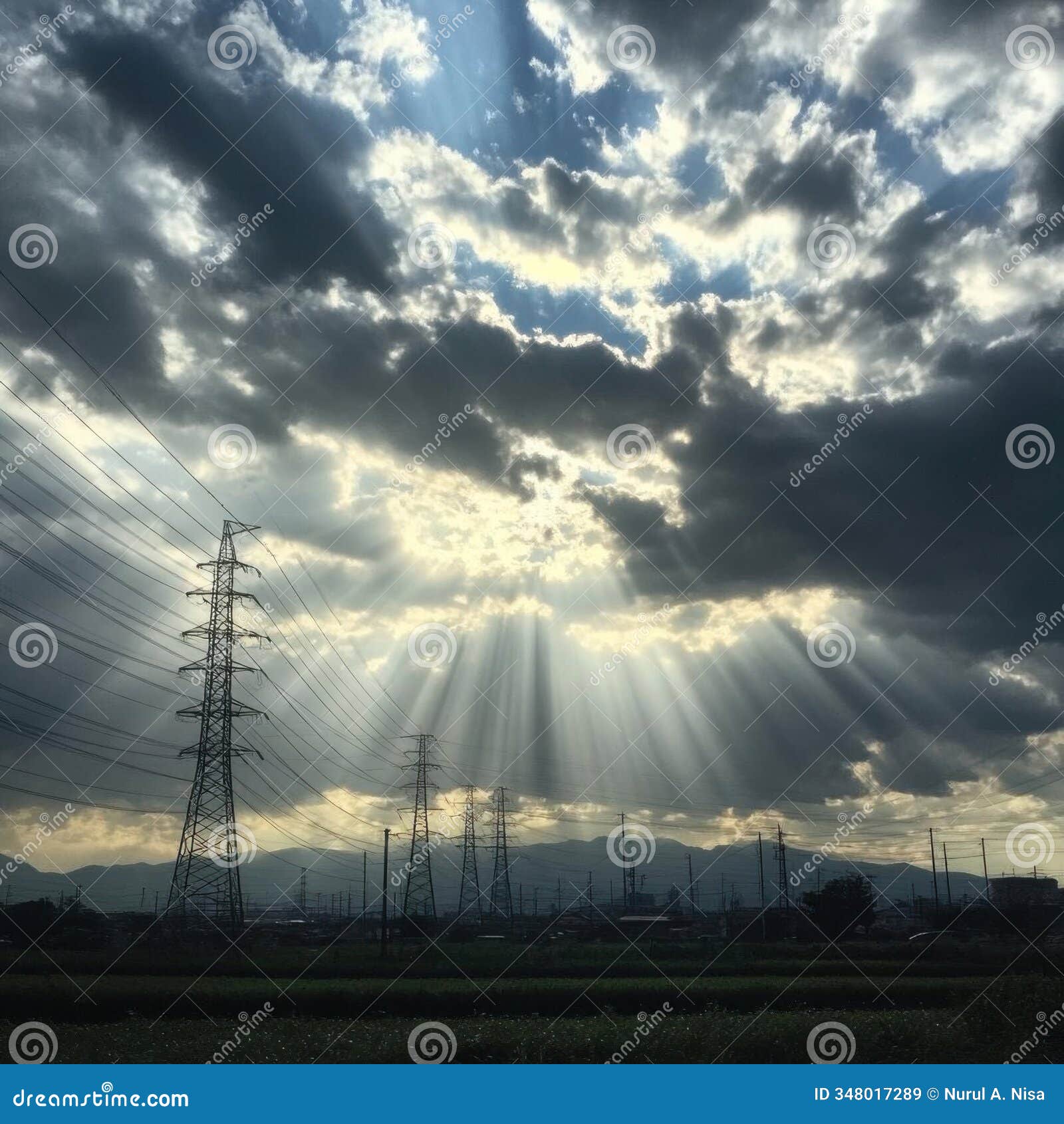Sun Rays through Cloudy Sky and Power Lines Stock Illustration ...