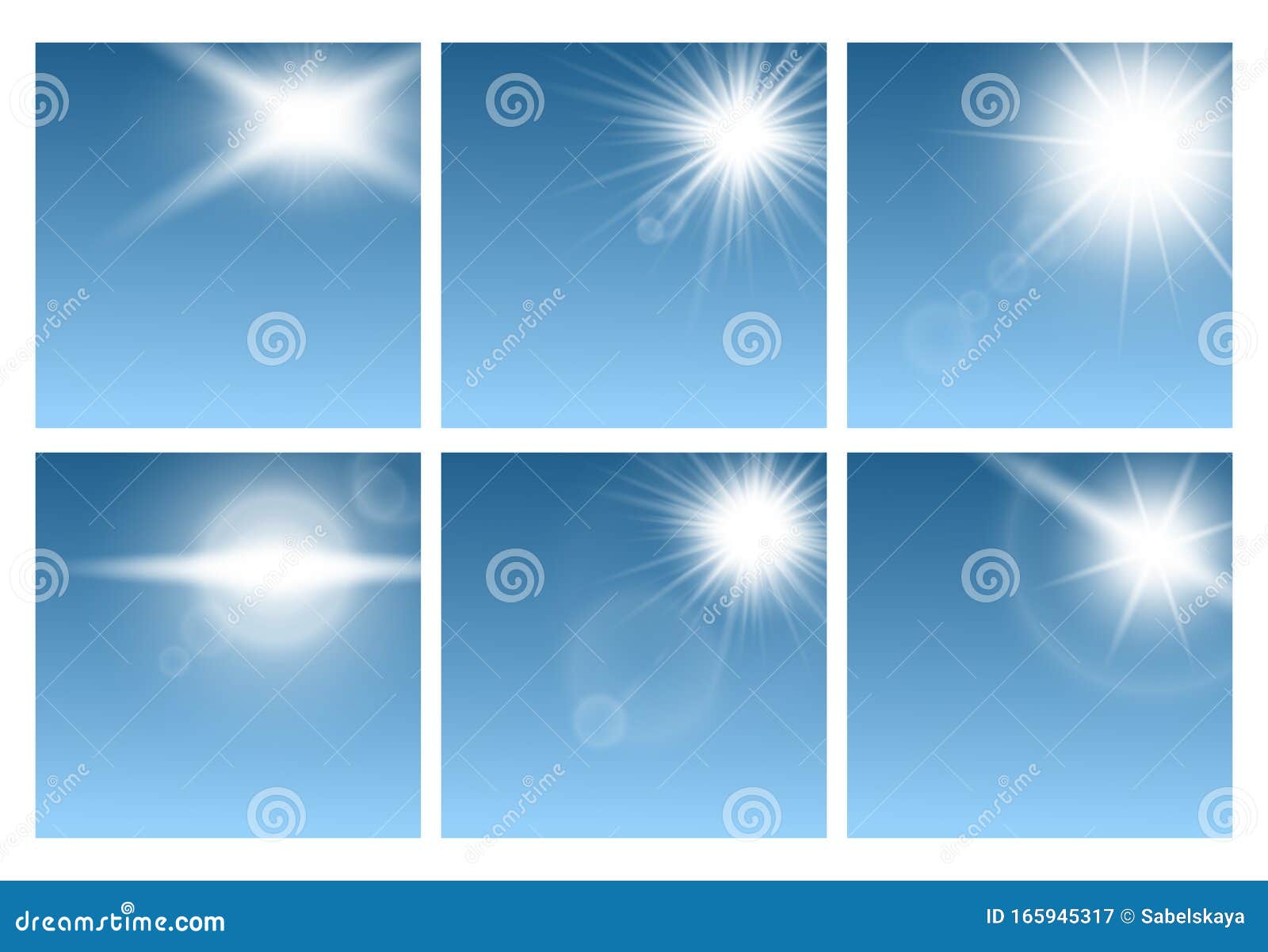 Sun Rays Effect Templates Set, Realistic Vector Illustration on Blue ...