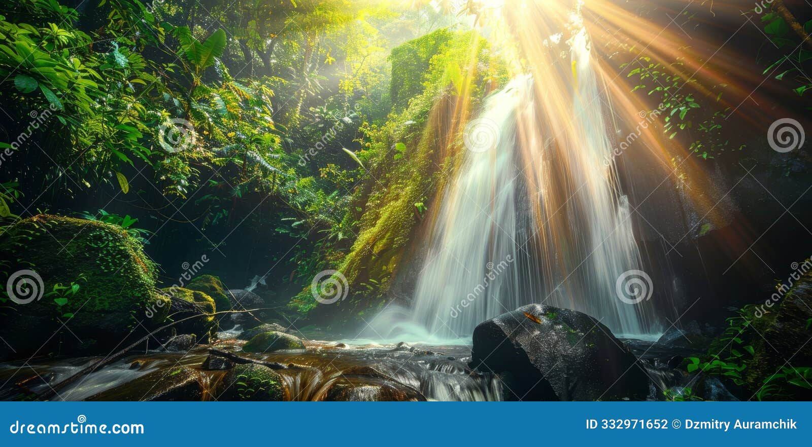 Sun Rays Filter through Trees To Light Up a Waterfall in Lush Forest ...