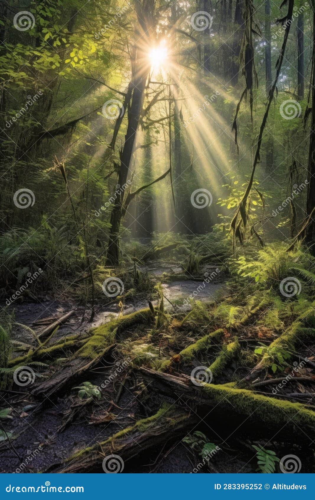 Sun Rays Filtering through a Dense Forest Stock Photo - Image of ...