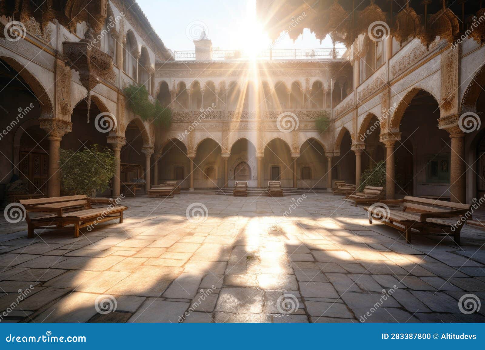Sun Rays Illuminating Monastery Courtyard Stock Illustration ...