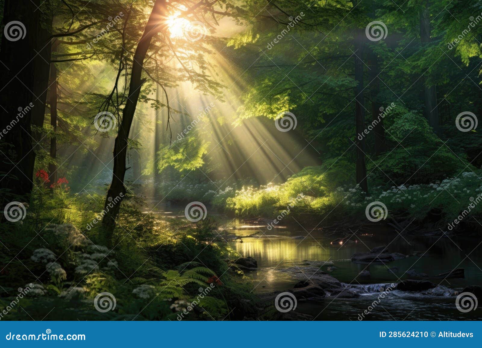 Sun Rays Illuminating a Secluded Forest Glade Stock Photo - Image of ...