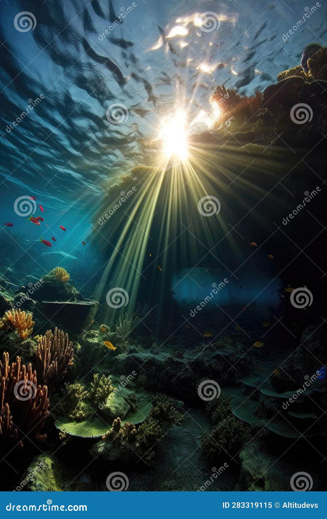 Sun Rays Illuminating Underwater Coral Reef Stock Illustration ...