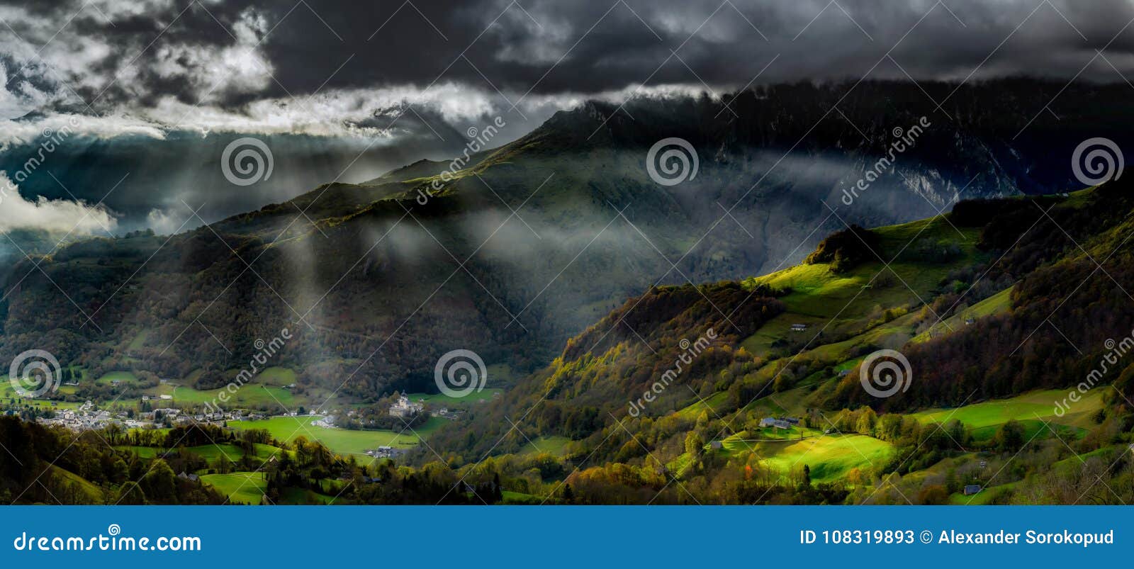 Sun Rays Lighting through the Clouds in High Pyrenees, Sunrise, Stock ...