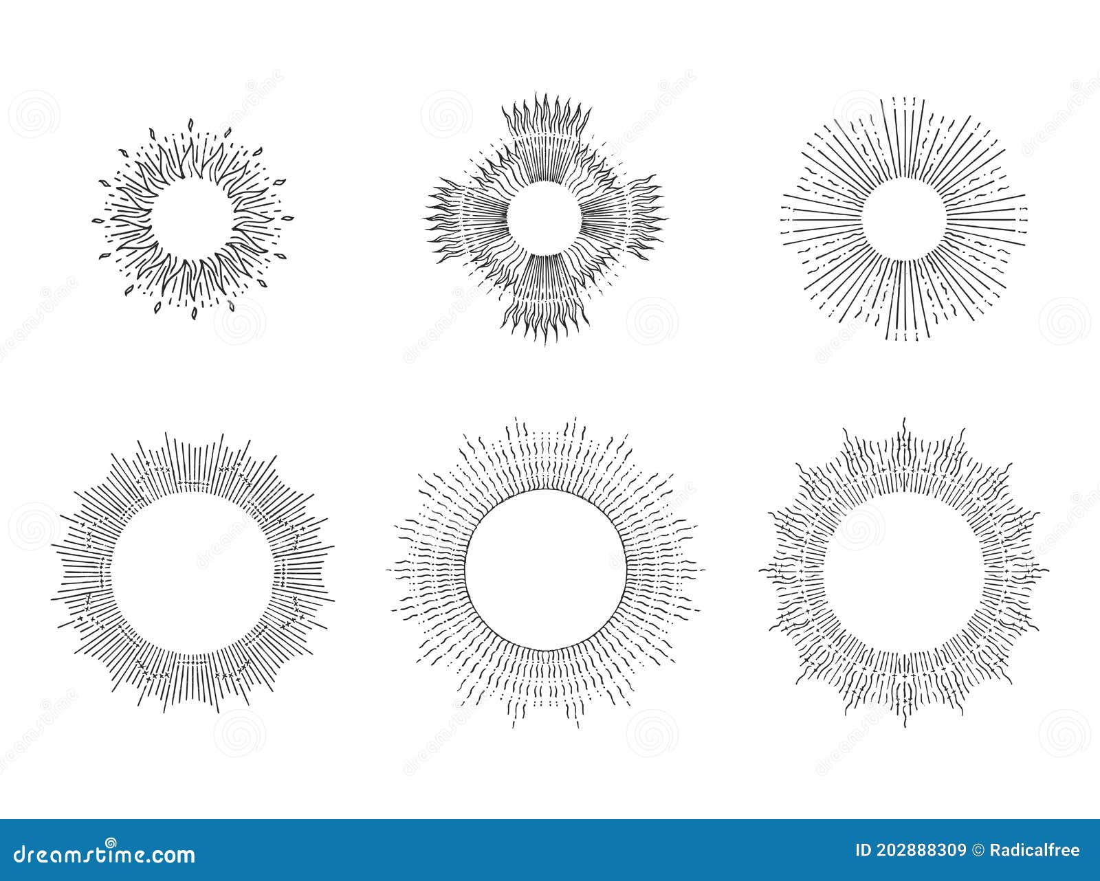 Sun Rays Linear Drawings. Halos Set in Vector. Stock Vector ...