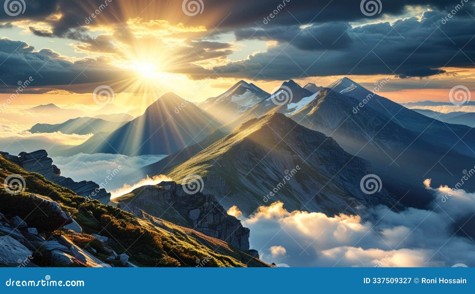 A Beautiful Landscape View with Sun Beams through Clouds from the Top ...