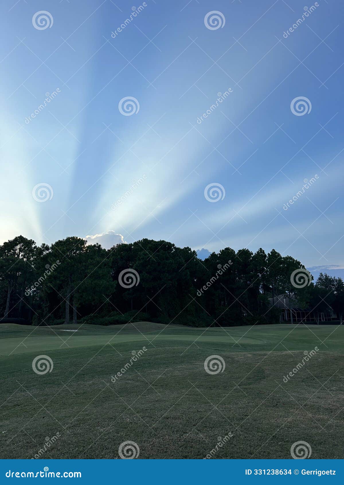Sun Rays Over Green Grass Golf Course Stock Photo - Image of horizon ...