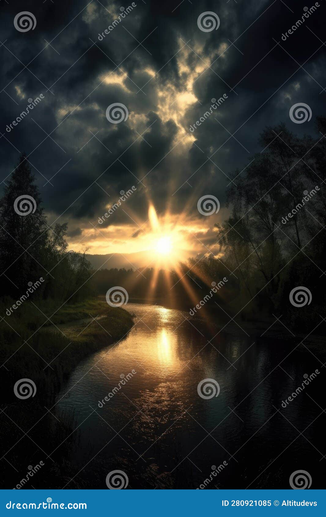 Sun Rays Peeking through Dark, Moody Clouds Stock Illustration ...