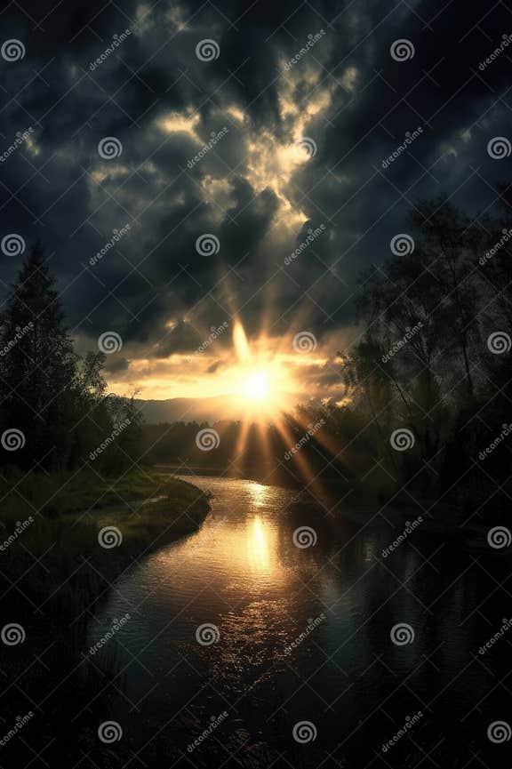 Sun Rays Peeking through Dark, Moody Clouds Stock Illustration ...