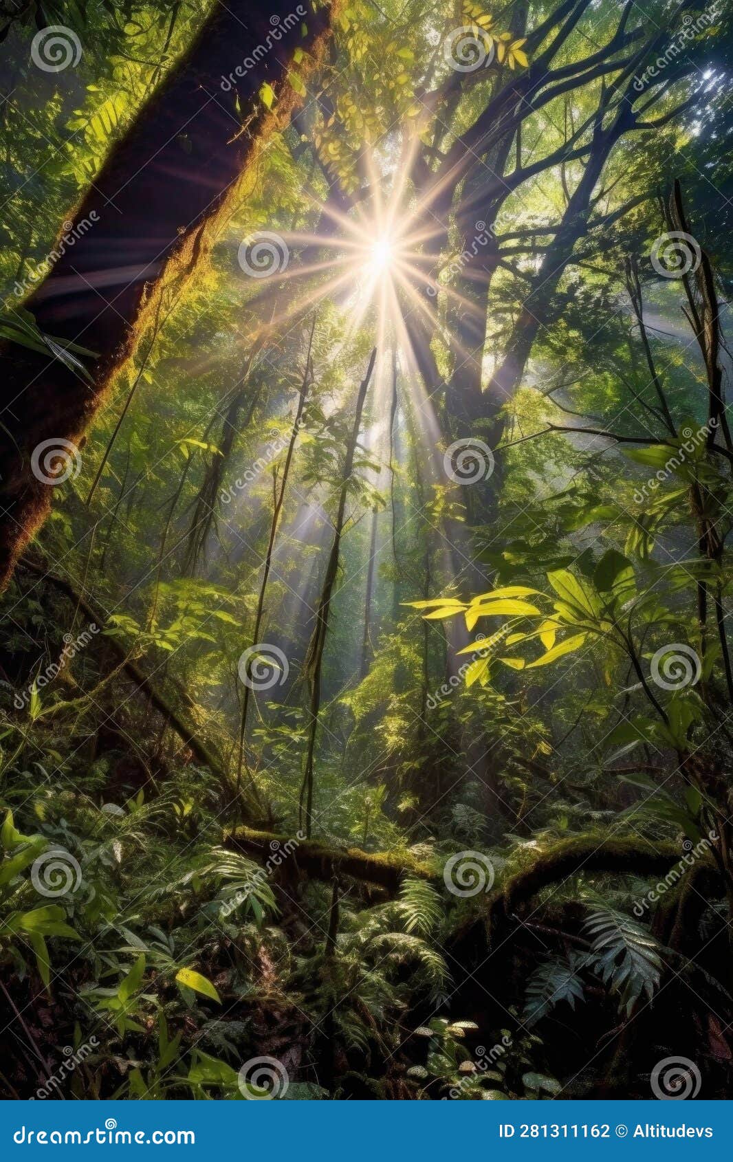 Sun Rays Peeking through a Dense Forest Canopy Stock Illustration ...