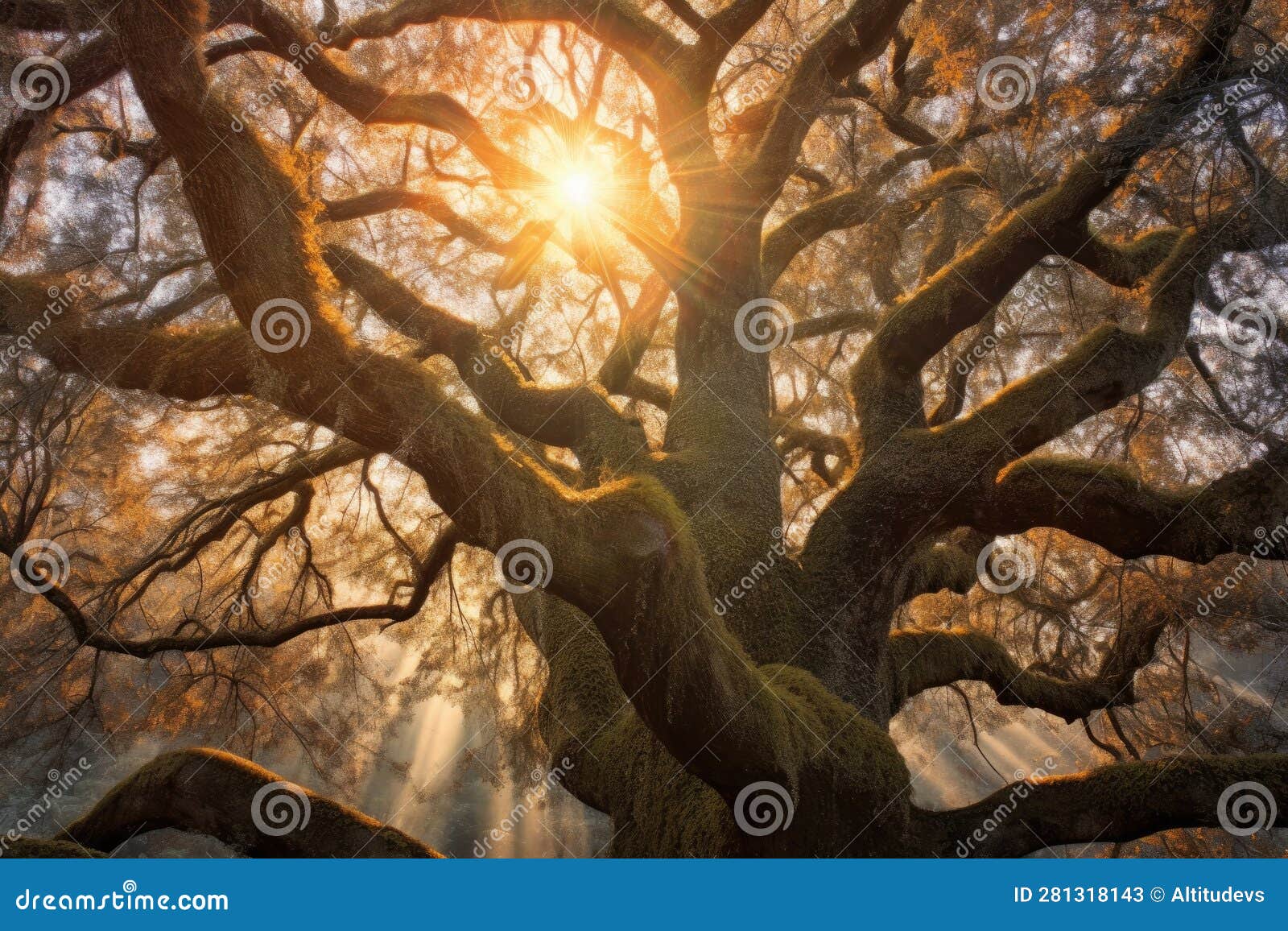 Sun Rays Peeking through Oak Tree Branches Stock Illustration ...