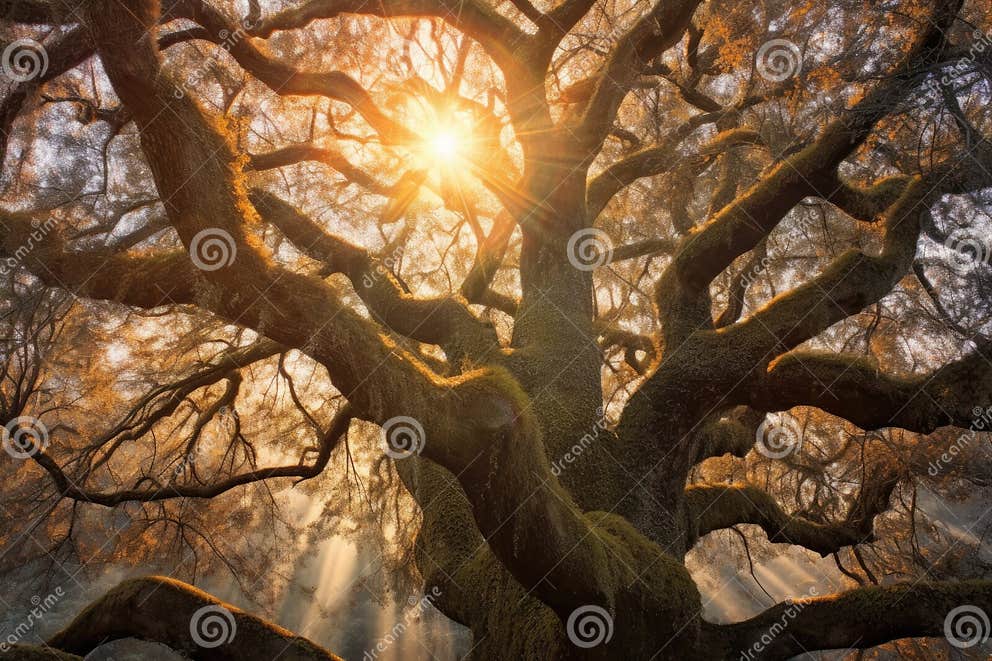Sun Rays Peeking through Oak Tree Branches Stock Illustration ...