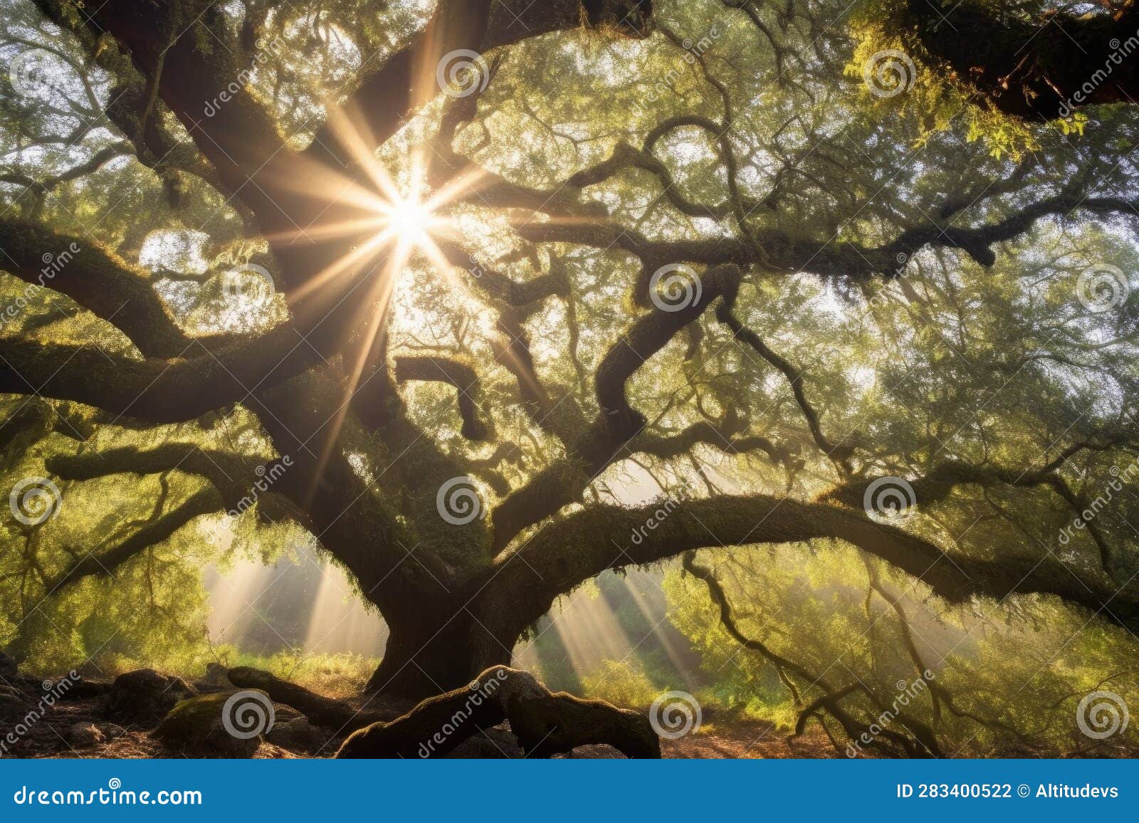 Sun Rays Peeking through Oak Tree Branches Stock Illustration ...