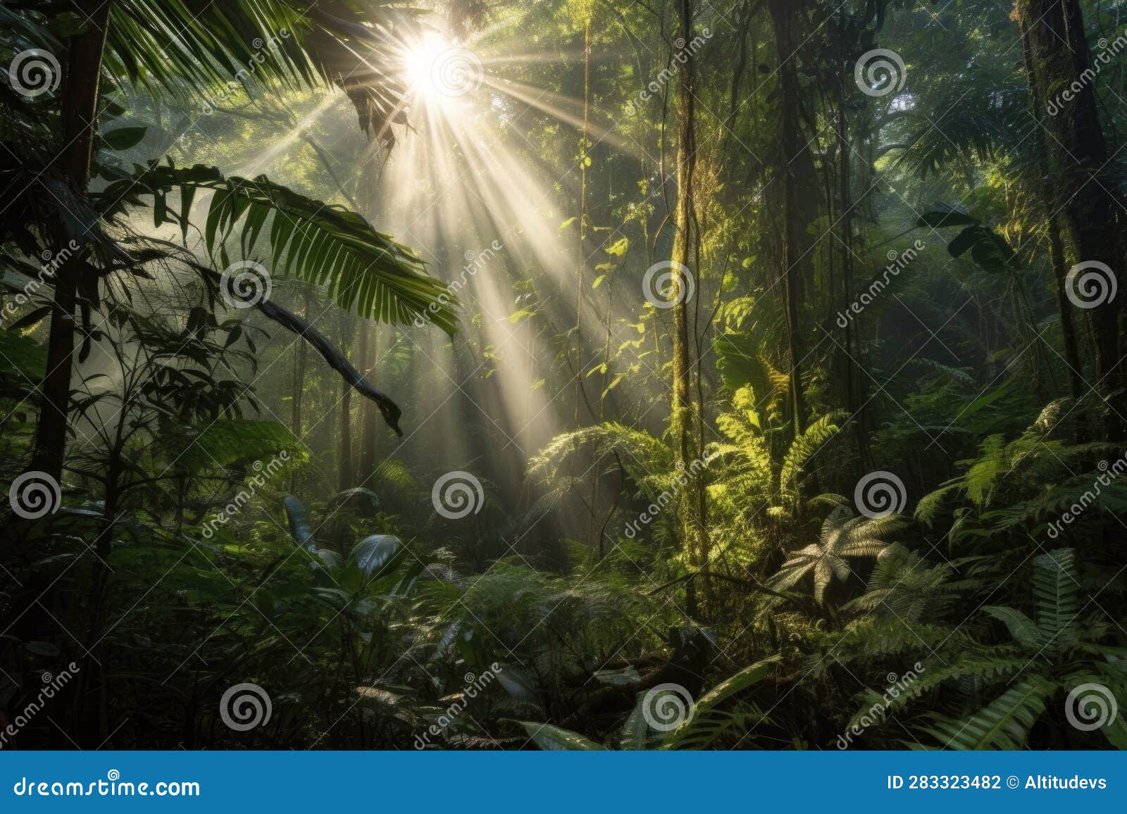 Sun Rays Piercing through Dense Rainforest Foliage Stock Illustration ...