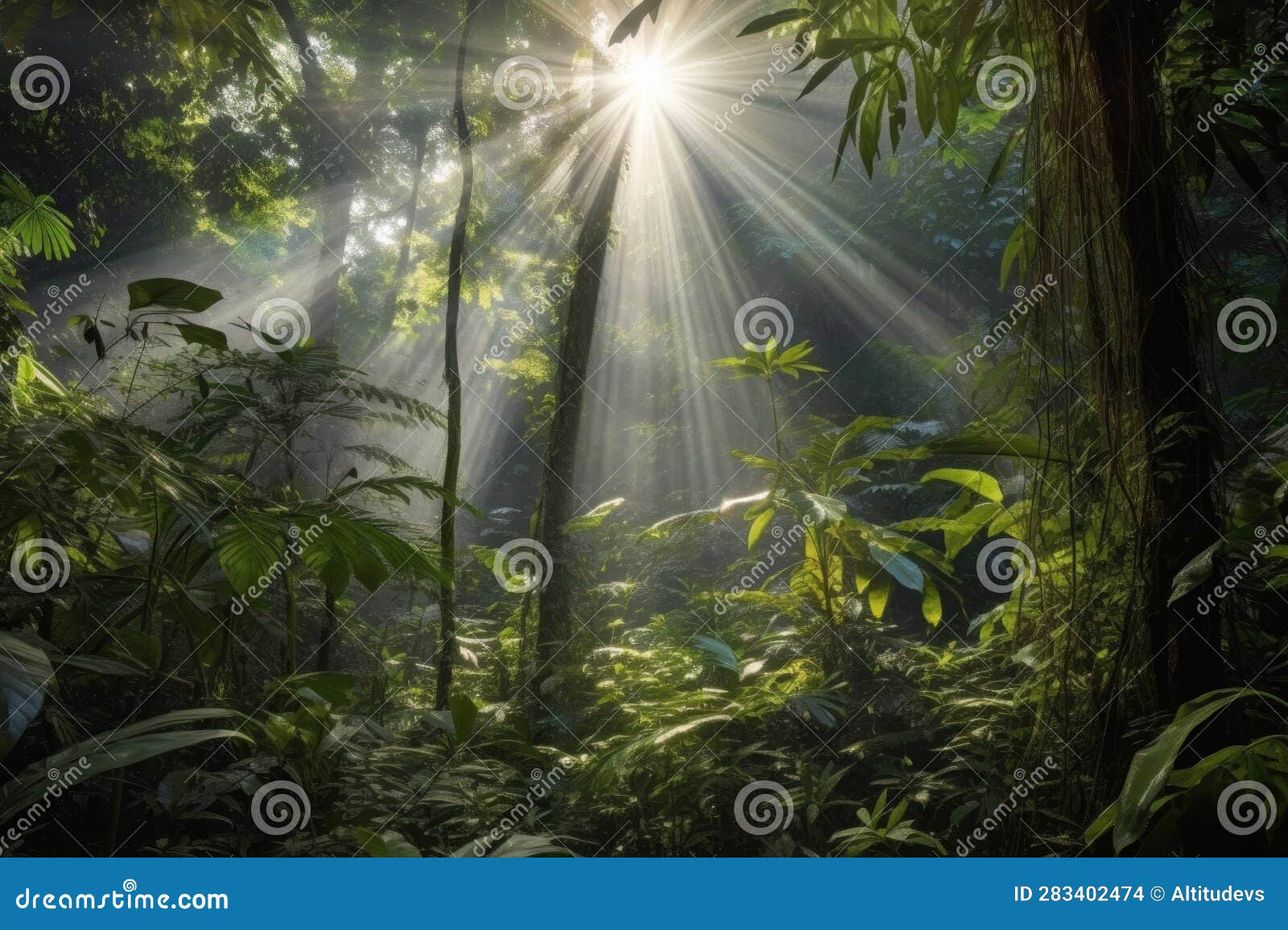 Sun Rays Piercing through Dense Rainforest Foliage Stock Illustration ...