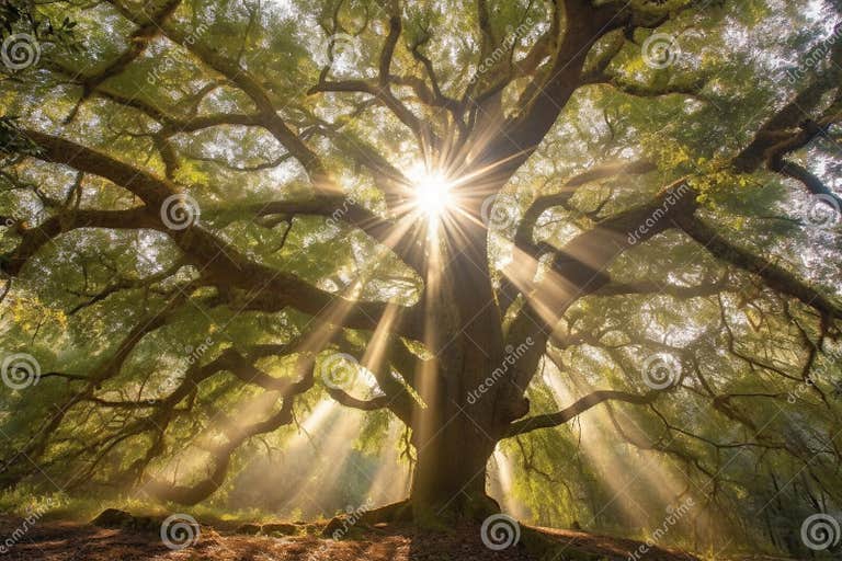 Sun Rays Piercing through Oak Tree Canopy Stock Illustration ...