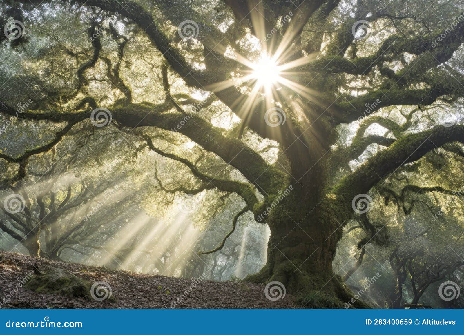 Sun Rays Piercing through Oak Tree Canopy Stock Image - Image of ...