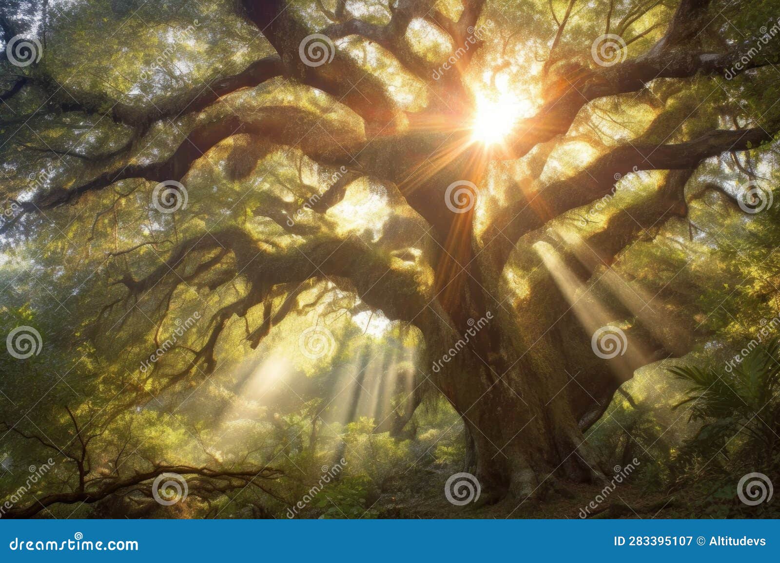 Sun Rays Piercing through Oak Tree Canopy Stock Illustration ...