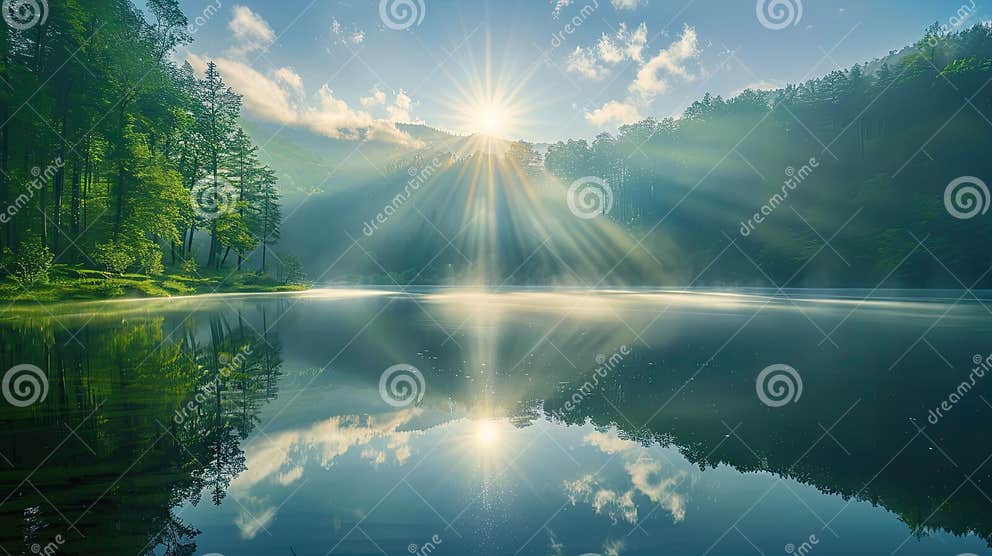 Sun Rays Reflecting Off Calm Lake Surface. Stock Illustration ...