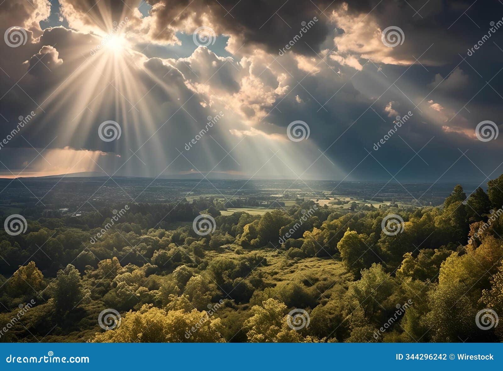 Of Sun Rays Shine through Clouds with Rural Houses on the Horizon Stock ...