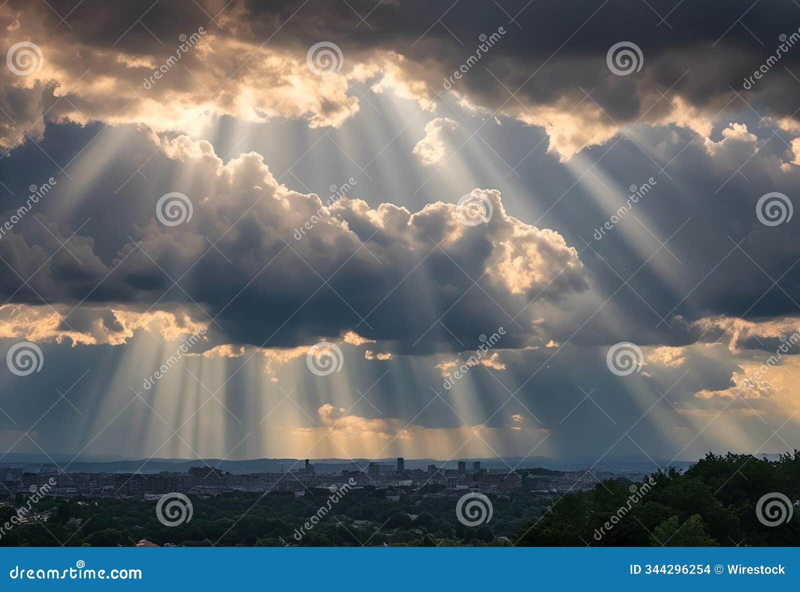 Of Sun Rays Shine through Clouds with Rural Houses on the Horizon Stock ...