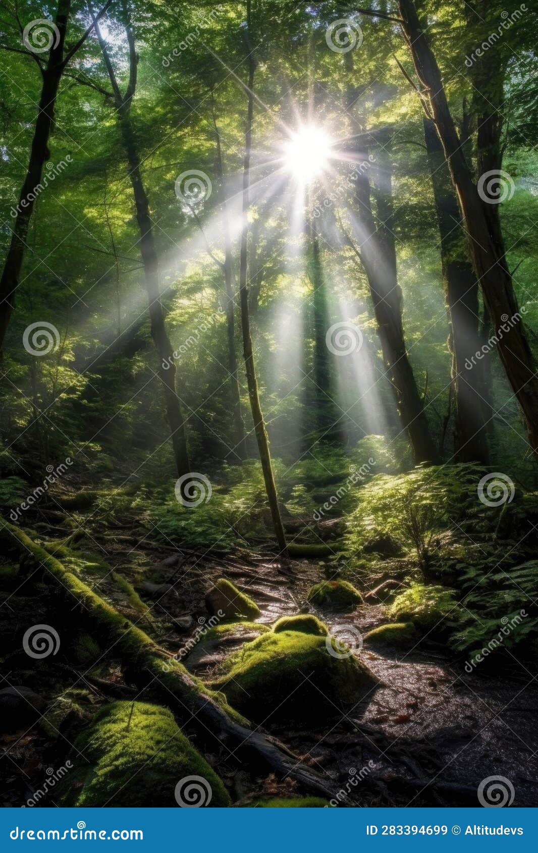 Sun Rays Shining through a Dense Forest Stock Image - Image of beauty ...