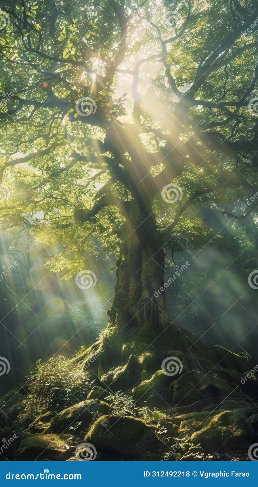 Sun Rays Shining through a Majestic Old Tree Stock Photo - Image of ...