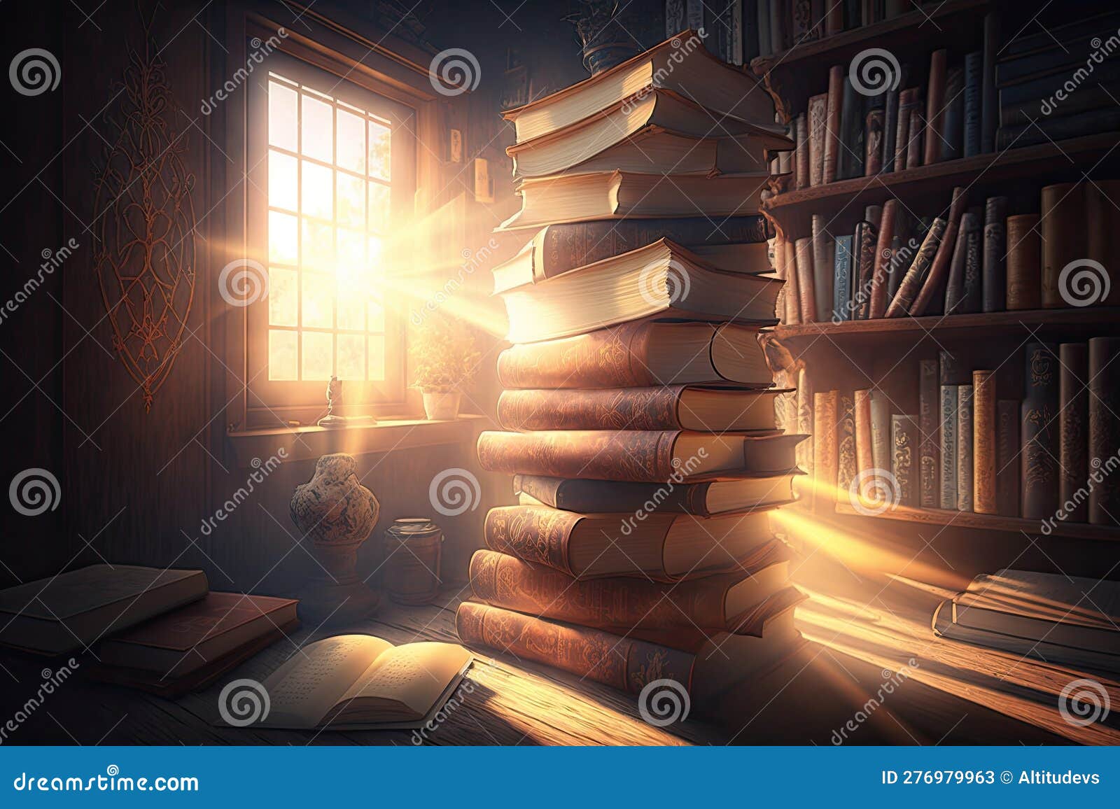 The Sun Rays Shining On A Stack Of Books, In Cozy Book Nook Stock Image ...
