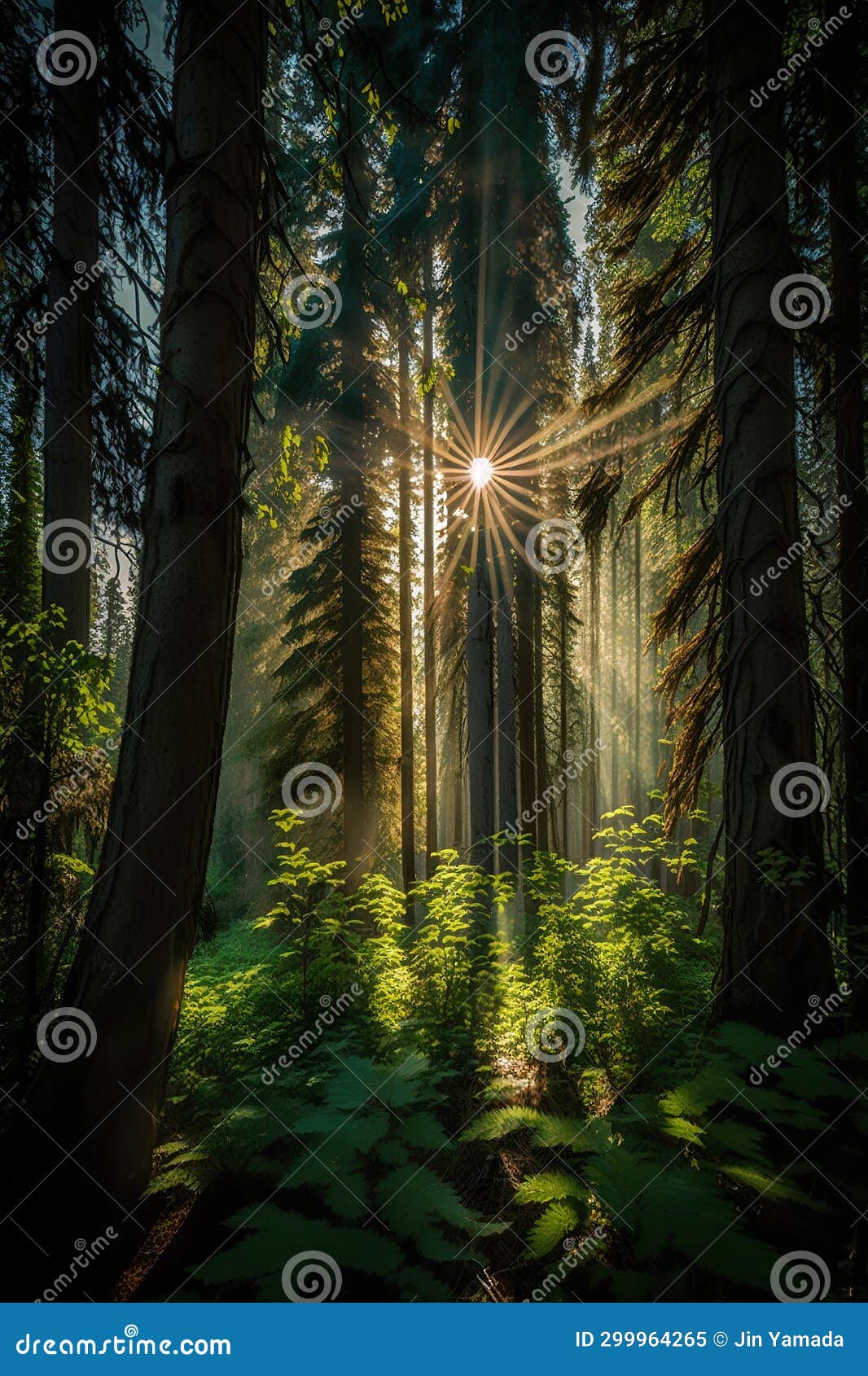 Sun Rays Shining through the Trees in the Forest. Nature Background ...