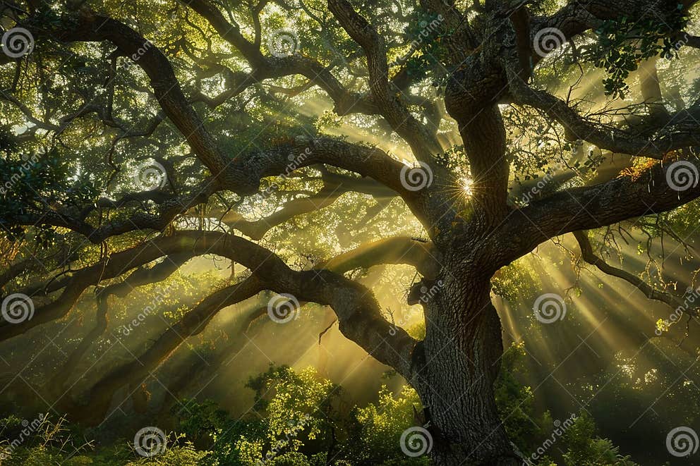 Sun Rays through Tree stock illustration. Illustration of growth ...
