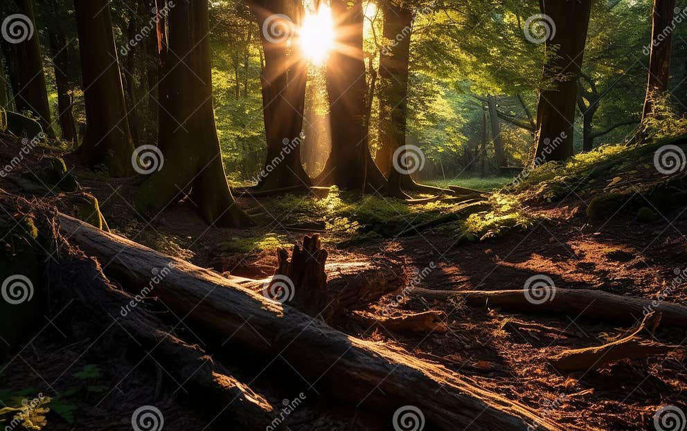 Sun Rays through the Trees. Created by Generative Artificial ...