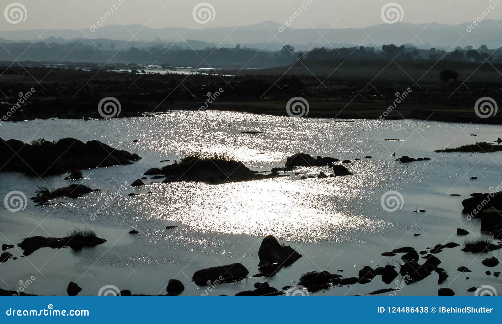 Sun Reflection from Hilly River Water Stock Photo - Image of river ...
