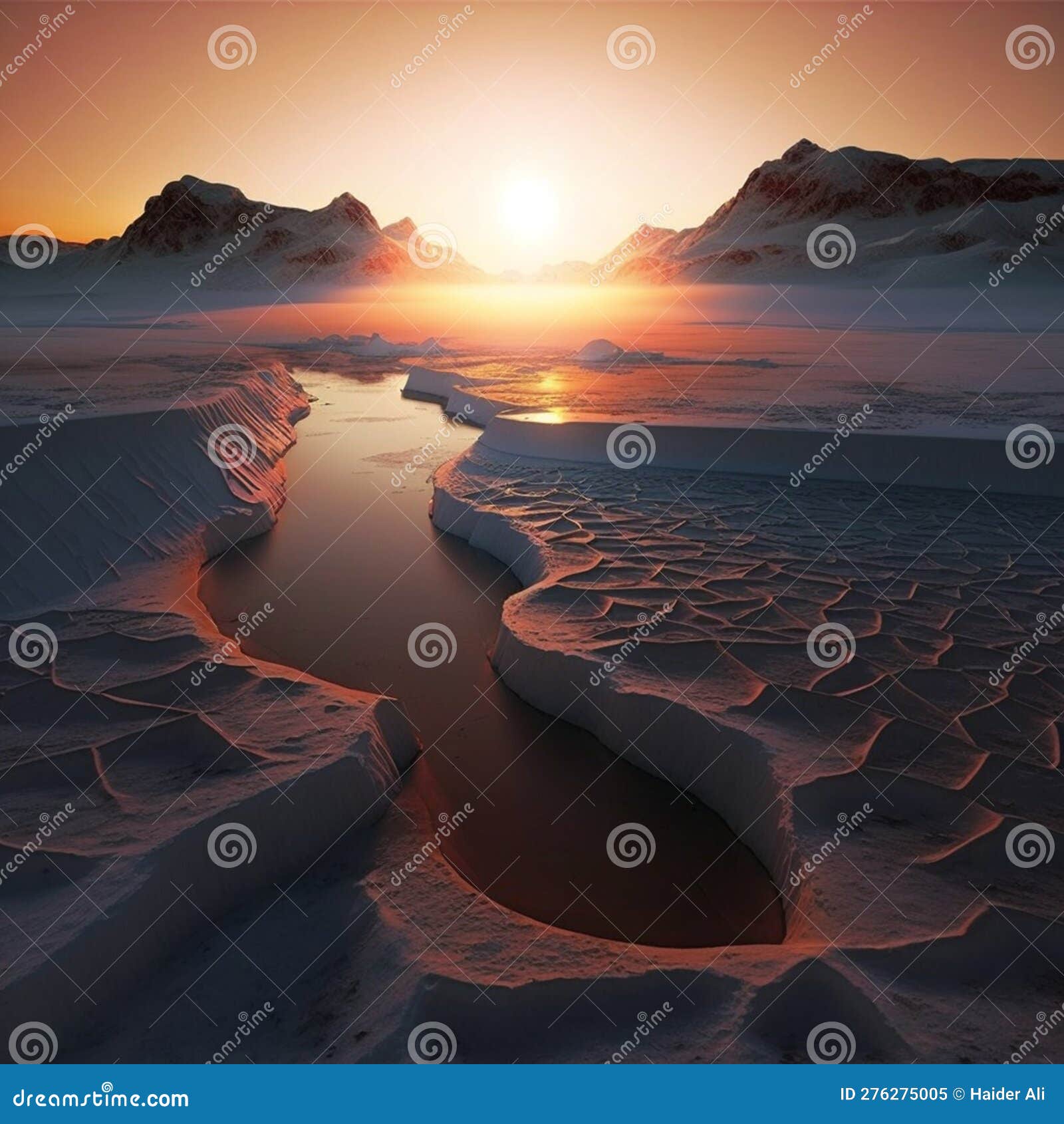 The Sun Rise Over the Icy Terrain of Mars. AI Stock Illustration ...