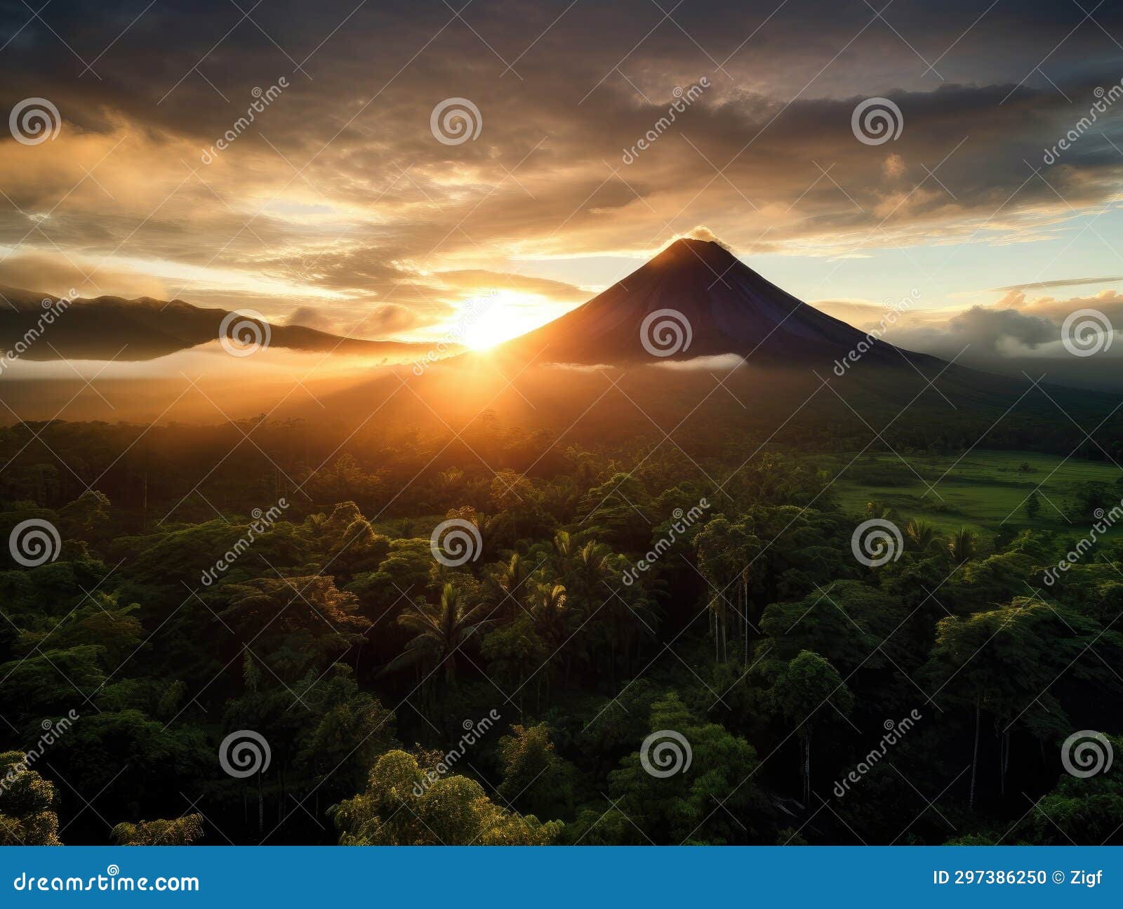 Sun Rises Over a Volcano in the Jungle Stock Illustration ...