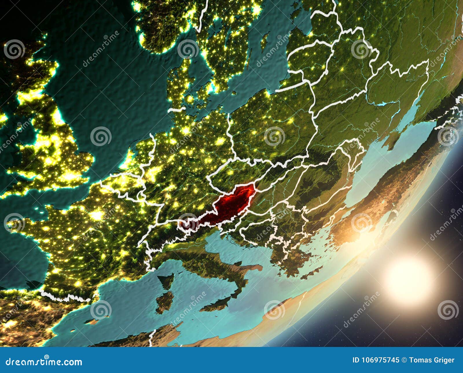 Sun Rising Above Austria from Space Stock Illustration - Illustration ...