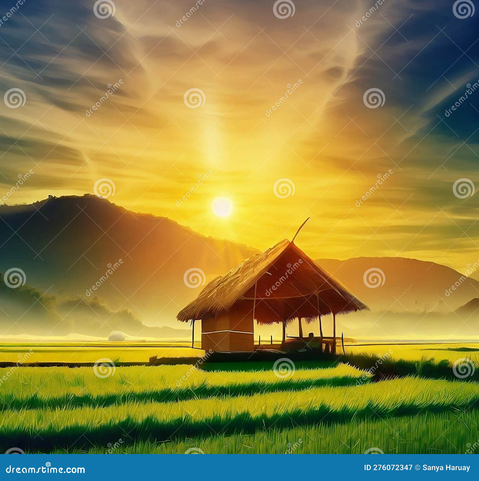 The Sun is Rising in a Field with Mountains Behind it Stock ...