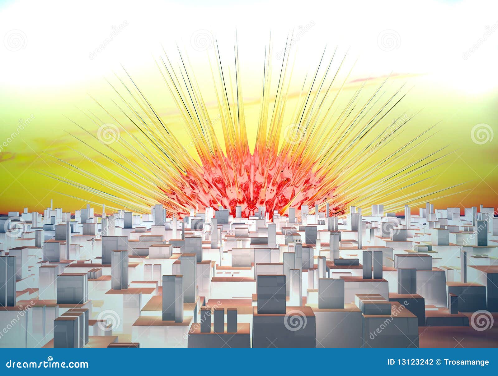 Sun rising over city stock illustration. Illustration of white - 13123242