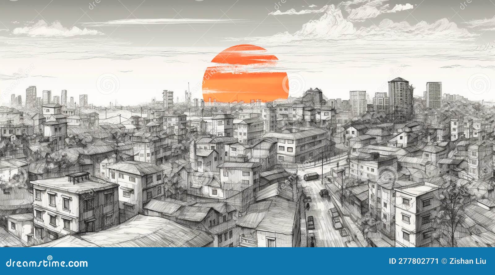 Sun Rising Over City Skyline, 3D Illustration Stock Illustration ...