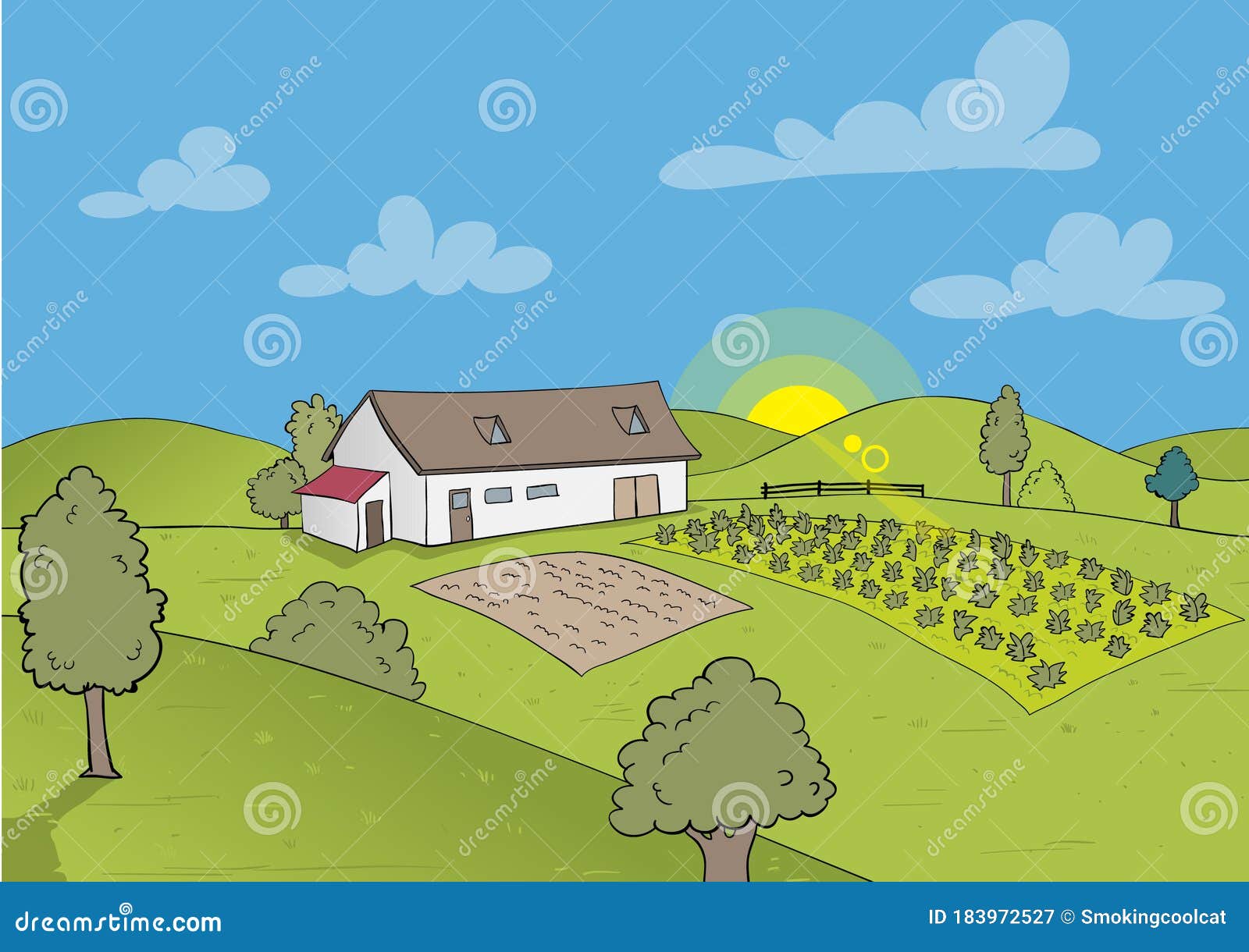 Sun rising over a farm stock vector. Illustration of orchid - 183972527