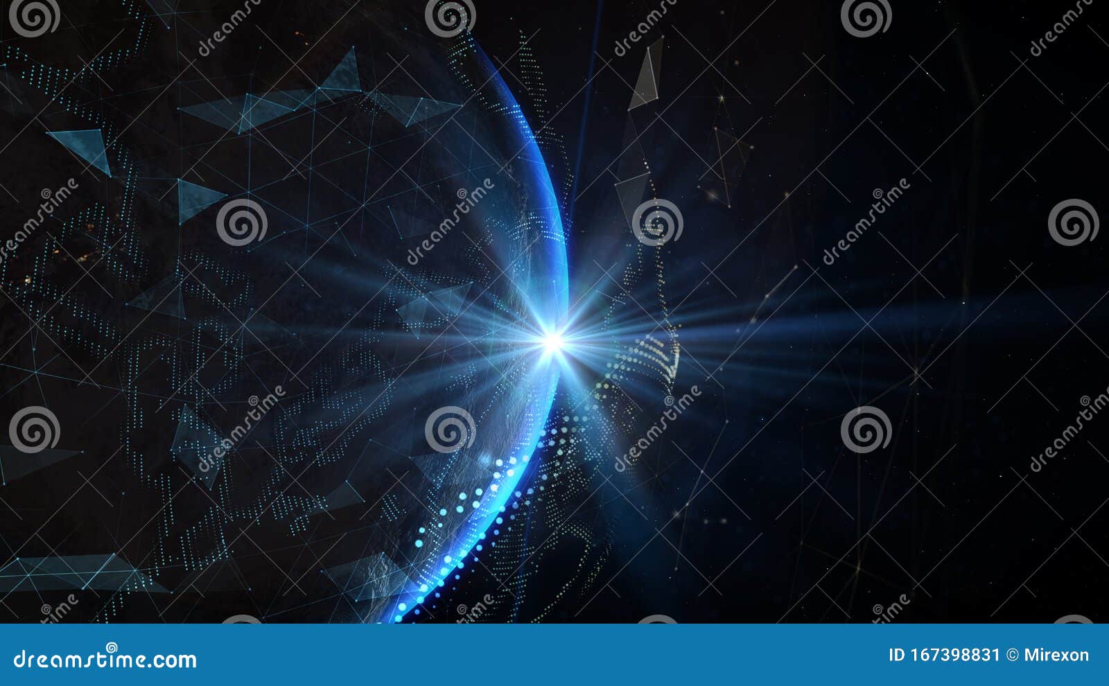 The Sun`s Rays Over Earth In Outer Space. Earth Globe Technology With ...