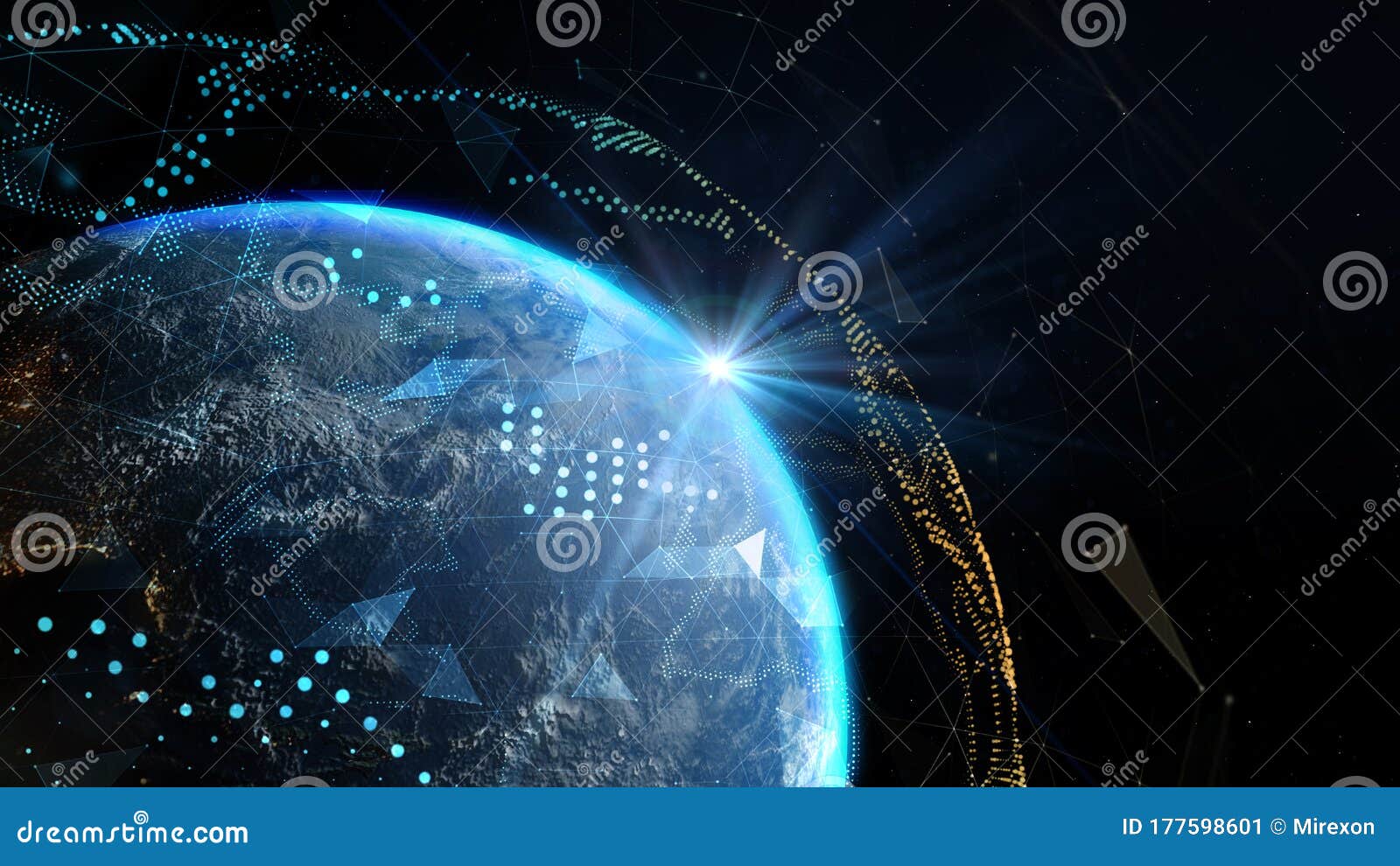 The Sun`s Rays Over Earth in Outer Space. Global World Network and ...