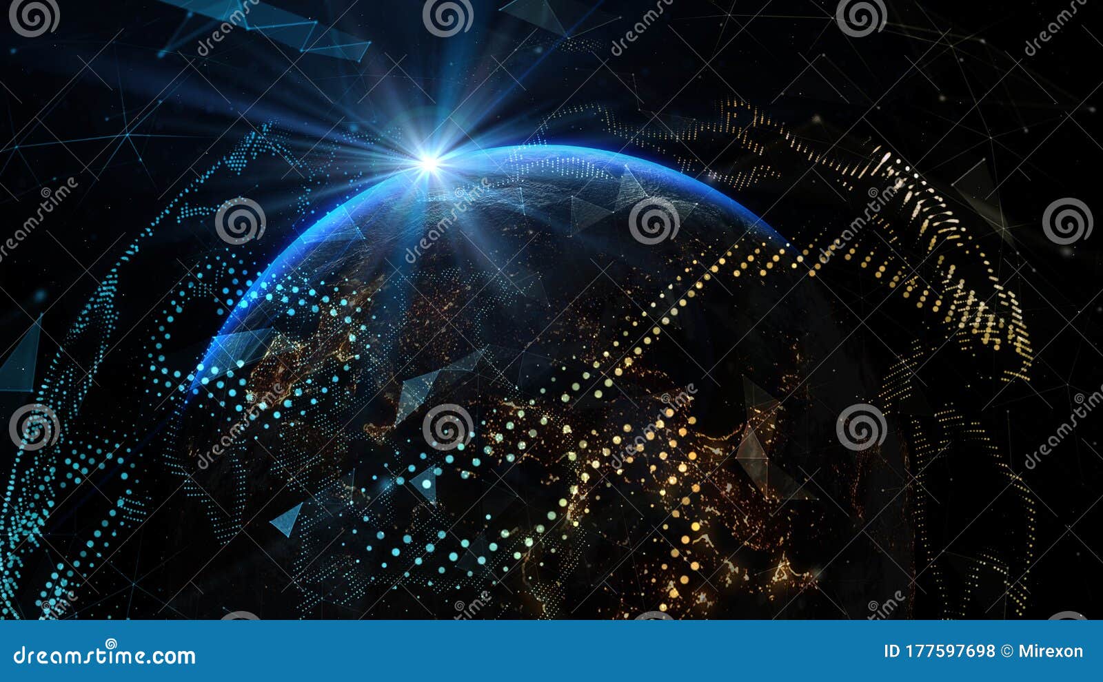 The Sun`s Rays Over Earth in Outer Space. Earth Globe Technology with ...