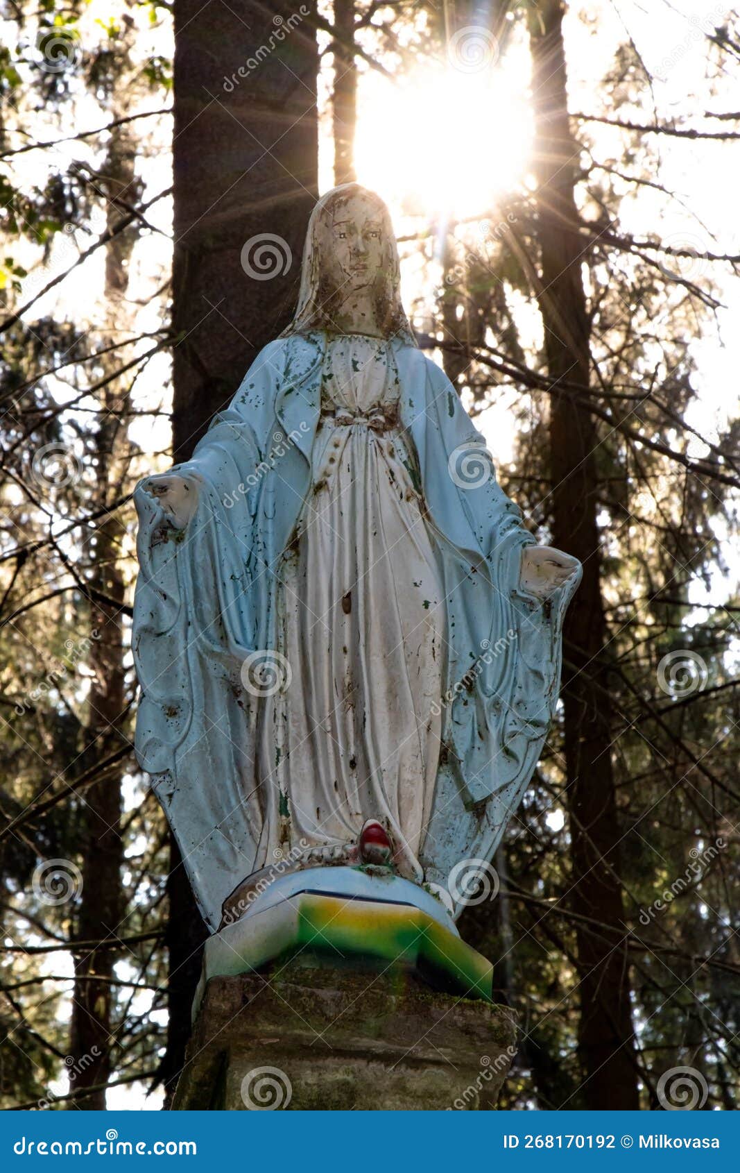 The Sun`s Rays Shine through the Trees on the Statue of the Virgin Mary ...