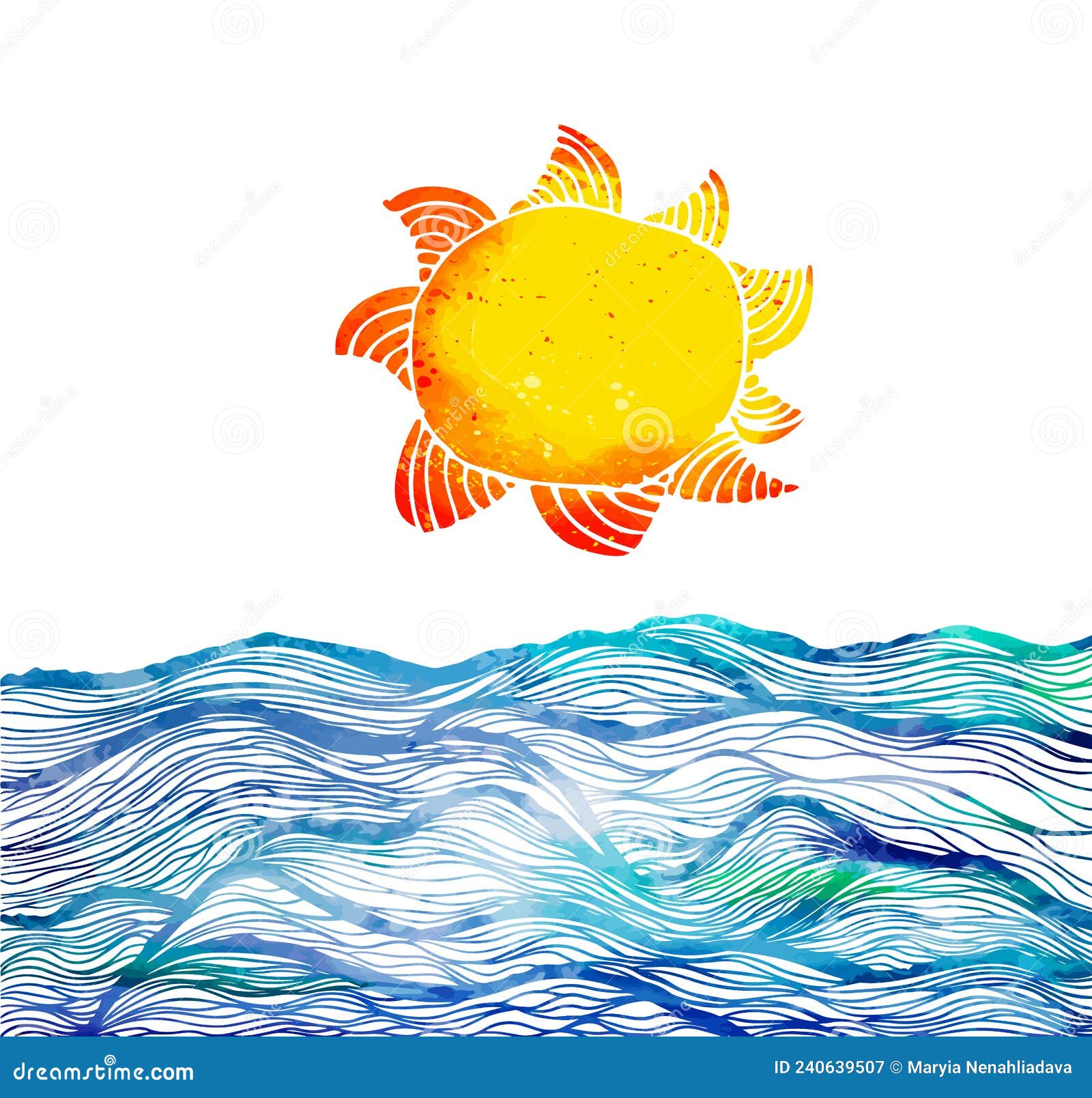 Sun and Sea Watercolor. Vector Illustration Stock Vector - Illustration ...