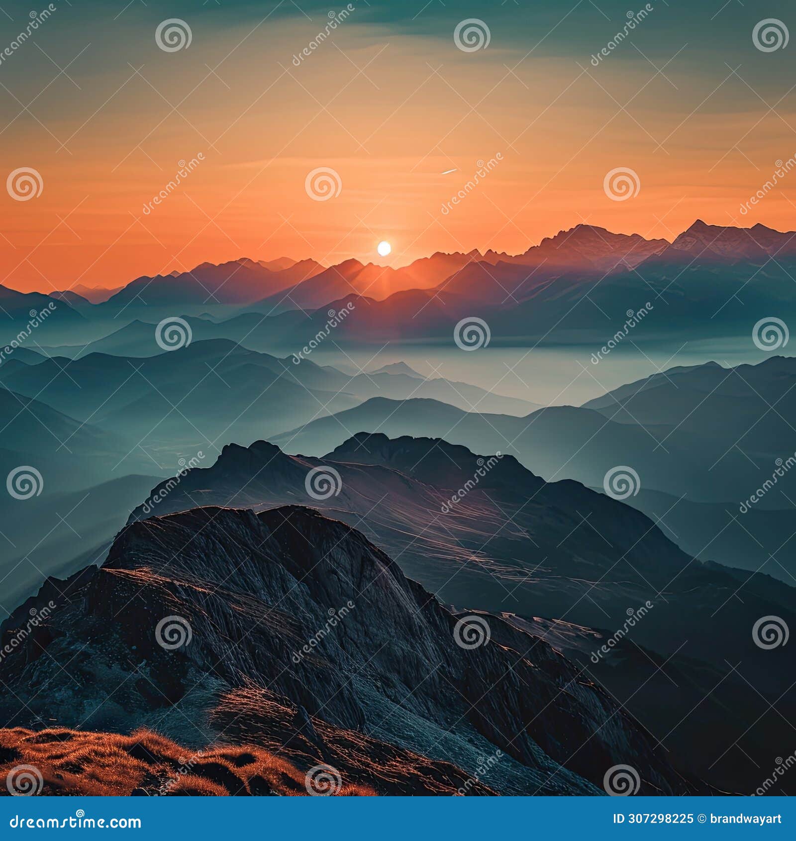 Sun Setting Over Mountain Range Stock Illustration - Illustration of ...