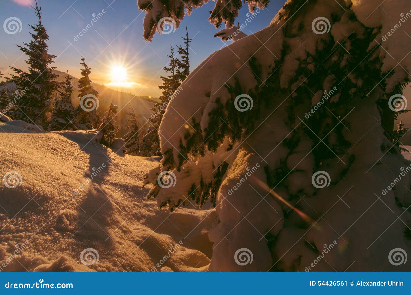 Sun Set in Mountains with Winter and Cold Scenery Stock Image - Image ...